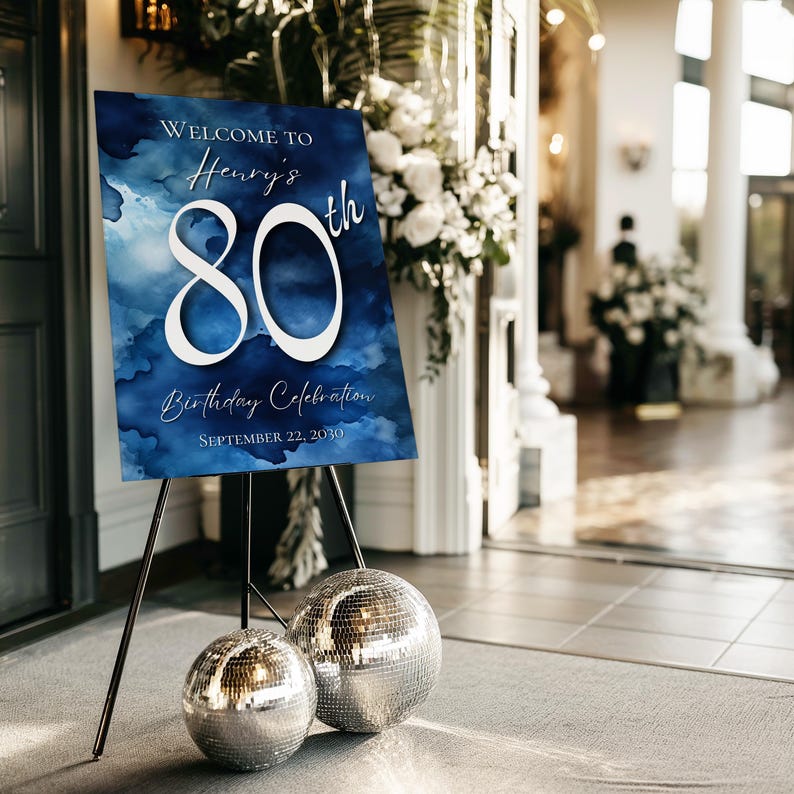 80th Birthday Welcome Sign: Blue Watercolor Photo Board (digital ...