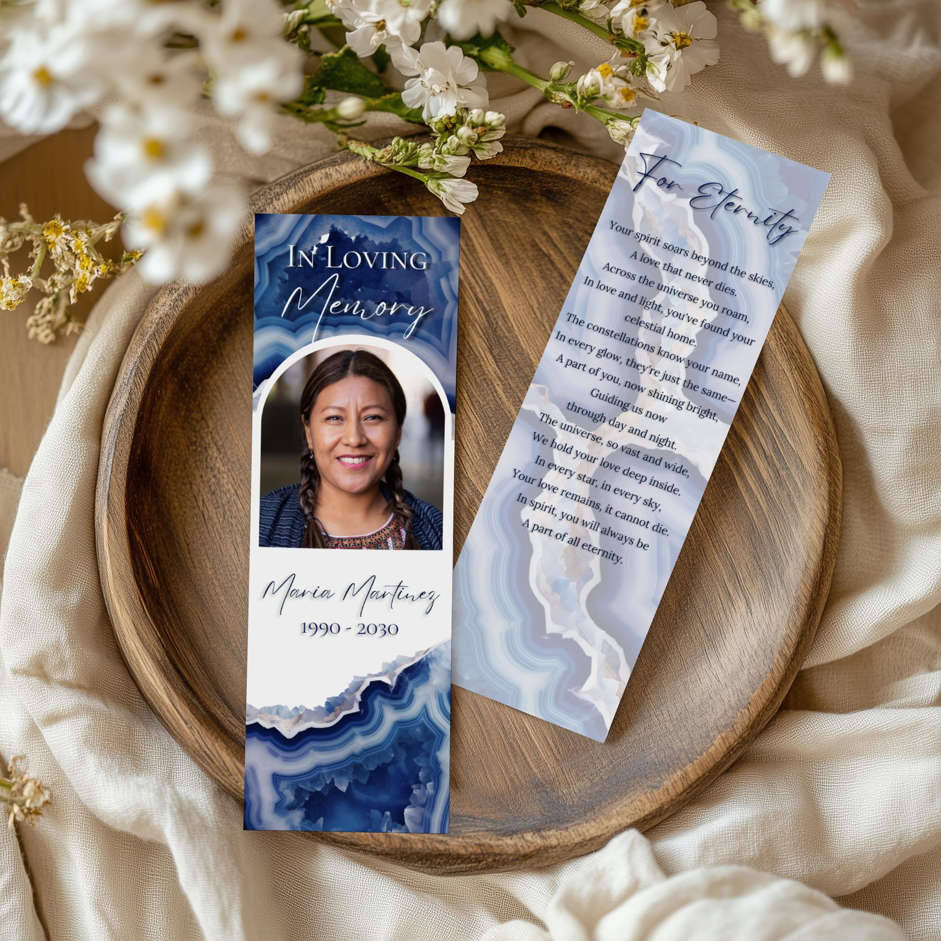 Memorial Bookmark Template: Navy Blue Agate Funeral Favors (digital ...