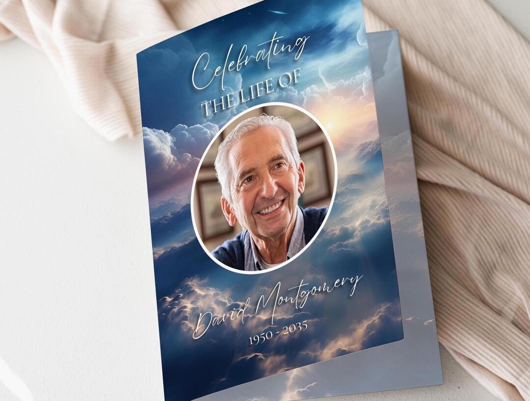Blue Cloud Funeral Program Template: Editable Memorial Card (digital ...
