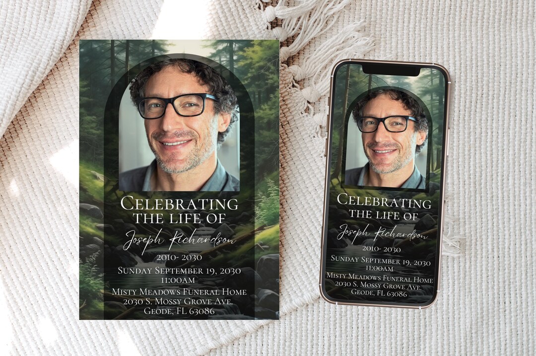 Celebration of Life Invitation Card Template, Editable Green Forest ...