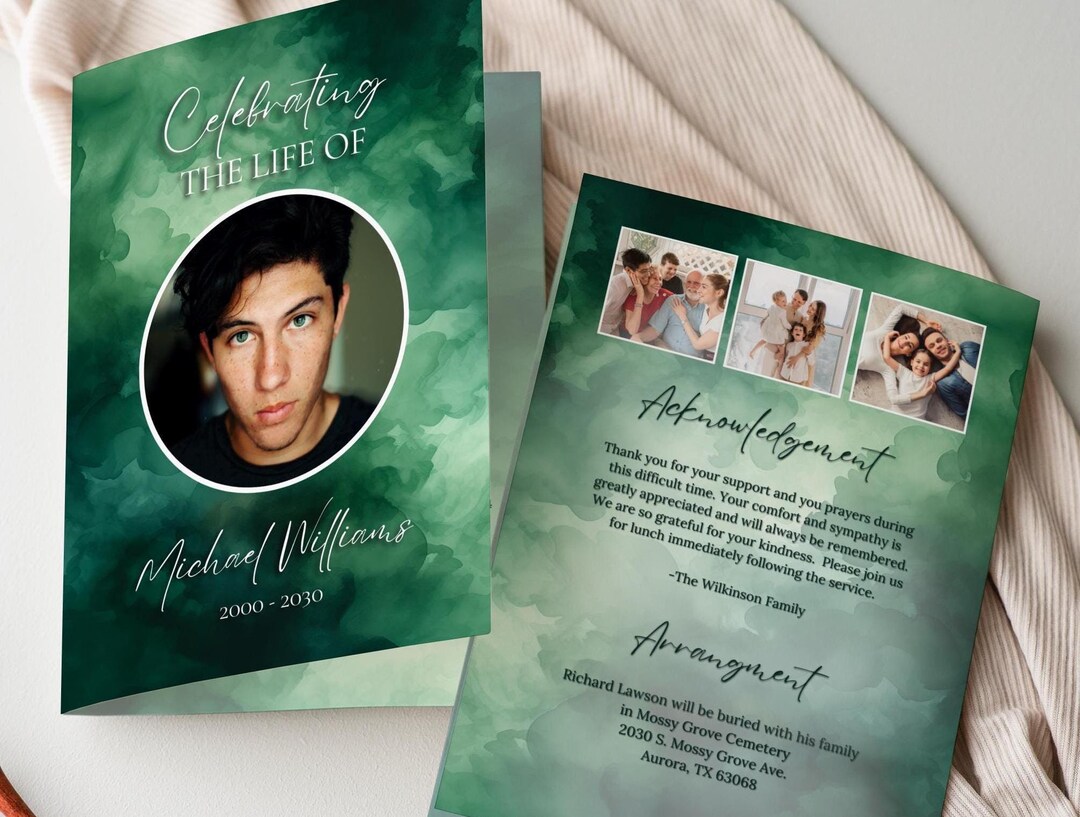 Green Watercolor Funeral Program Template: Memorial Service (digital ...