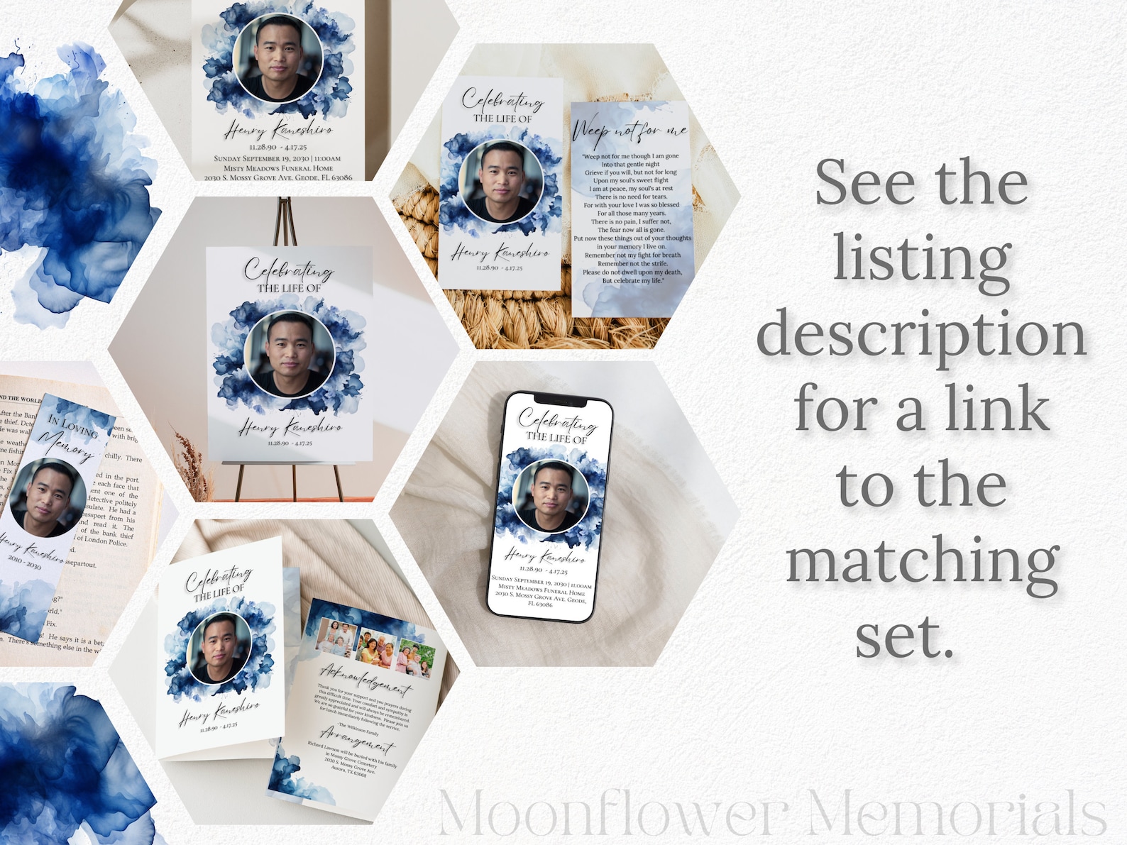 Navy Blue Watercolor Funeral Program Template: Editable Obituary ...