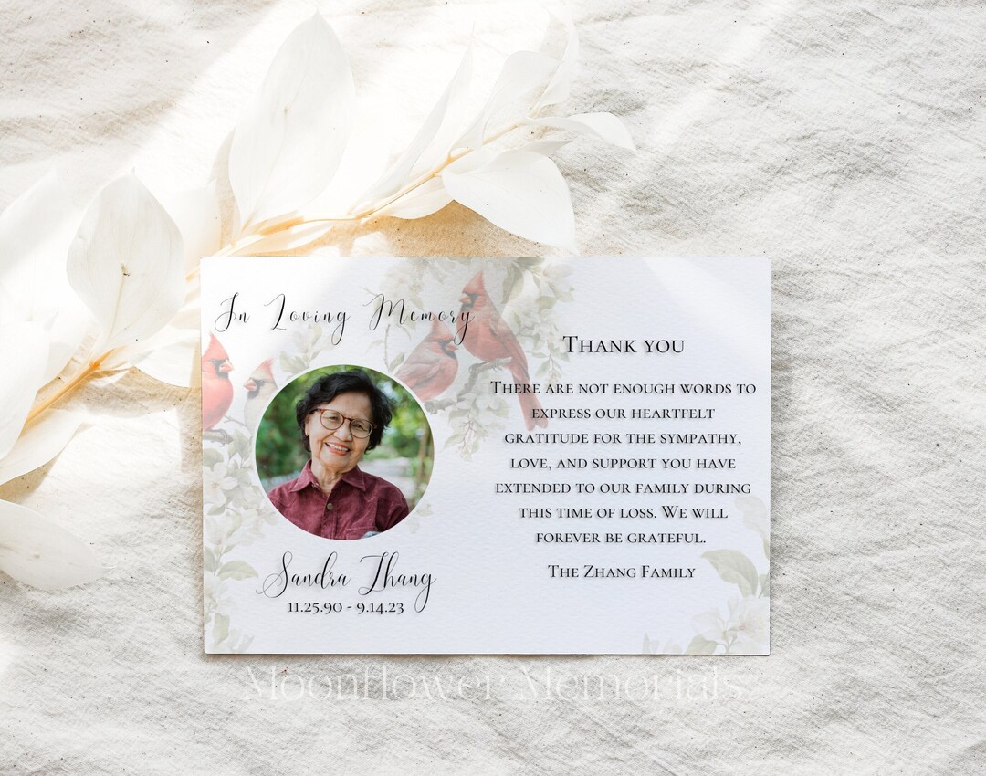 Red Cardinal Birds Funeral Thank You Card Template, Editable Photo ...