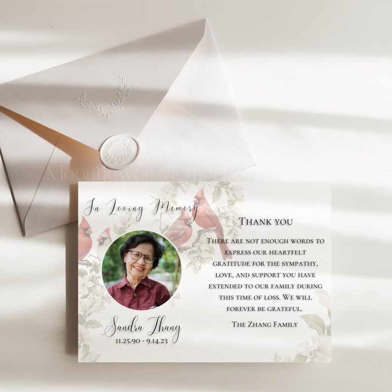 Red Cardinal Birds Funeral Thank You Card Template, Editable Photo ...