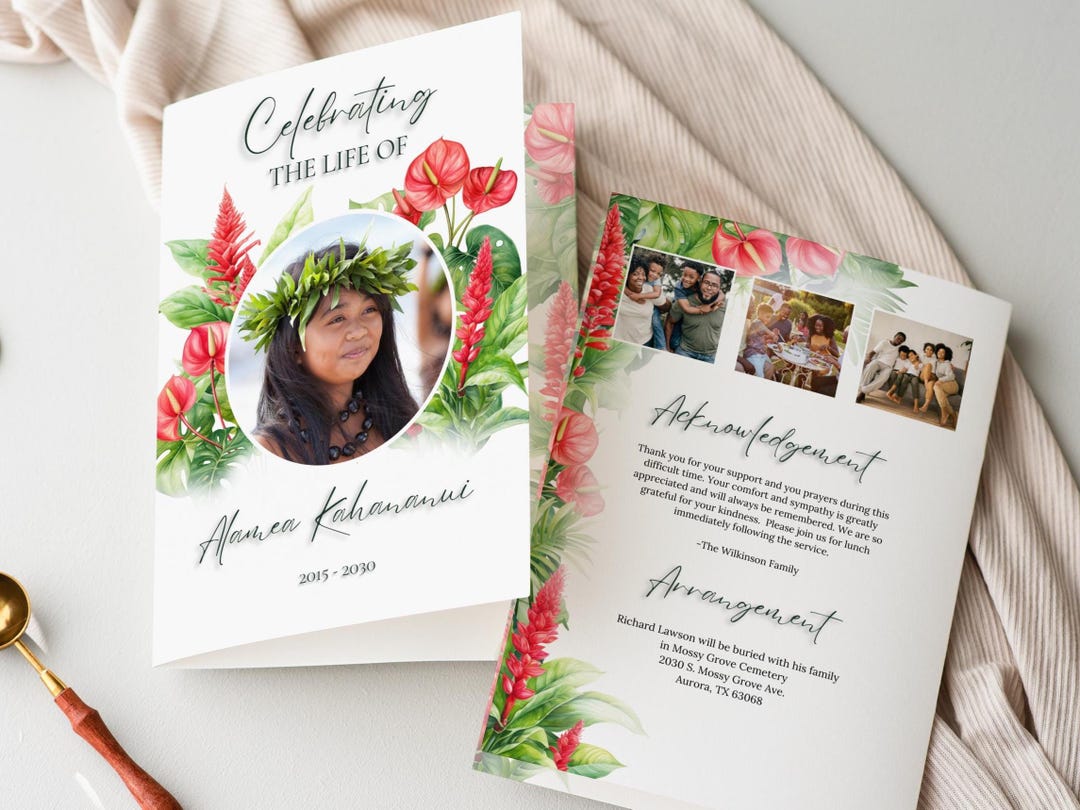 Red Tropical Funeral Program Template: Hawaiian Celebration of Life ...