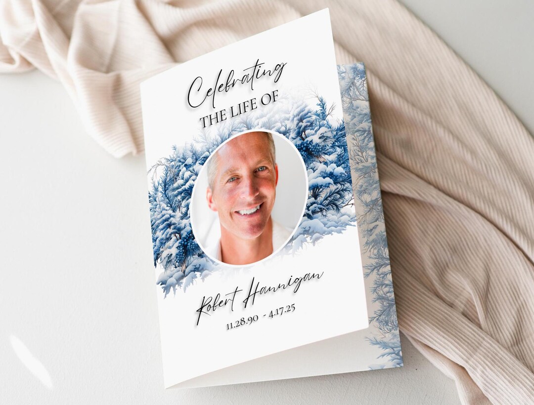 Blue Winter Snow Funeral Program Template: Editable Memorial Card ...