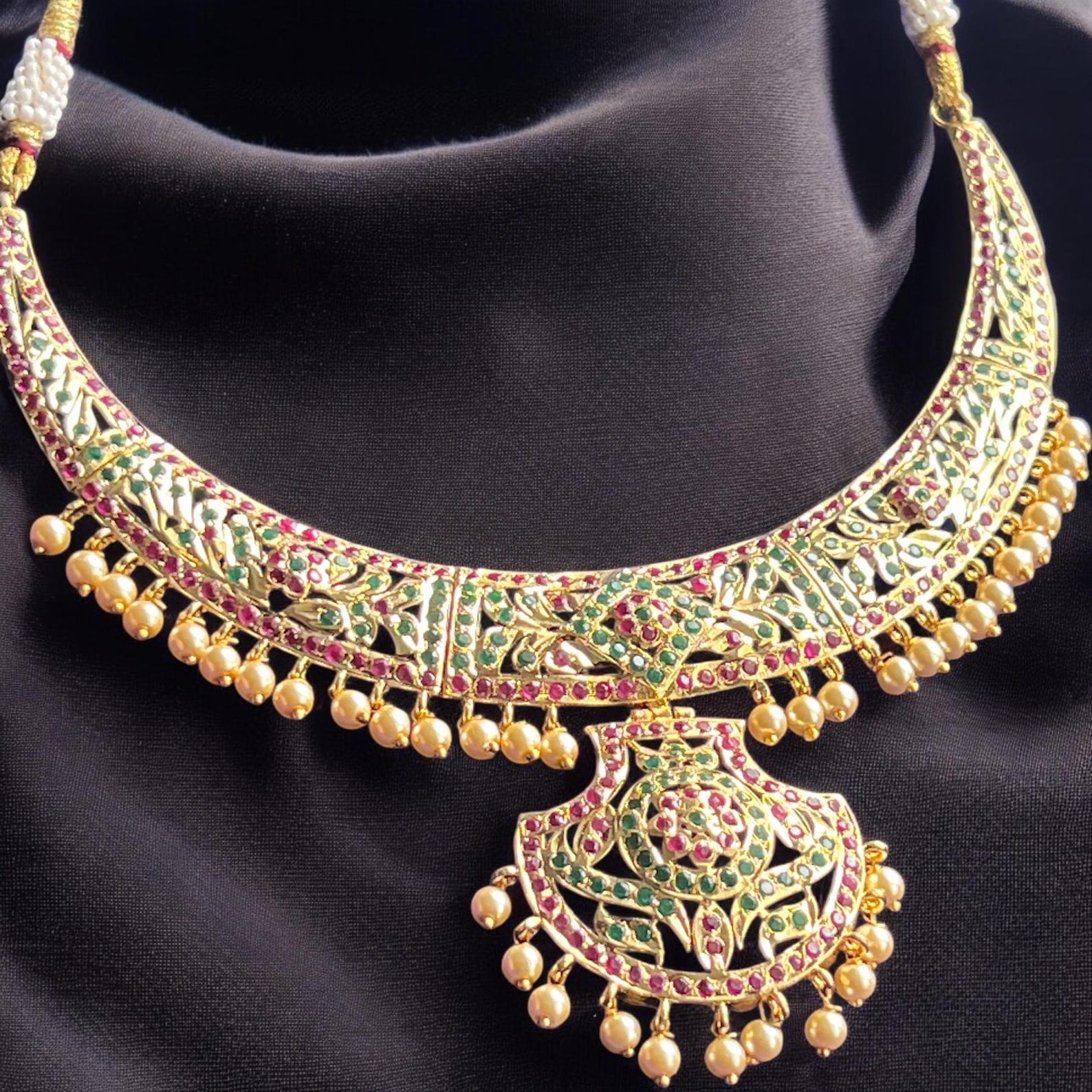 Handmade Jadau Navratan Necklace Earring Set: Indian Gold Finish ...