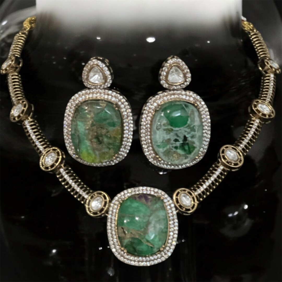 Emerald Green Doublet Stone With Copper Touch and Polki With American ...