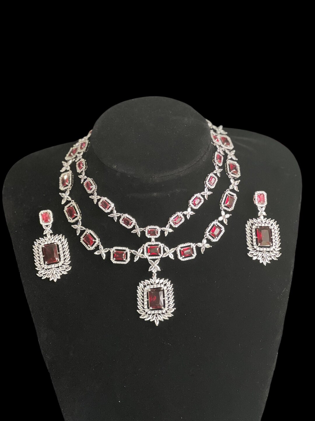 Ruby CZ Diamond Double Layered Necklace Statement Jewelry,indian ...