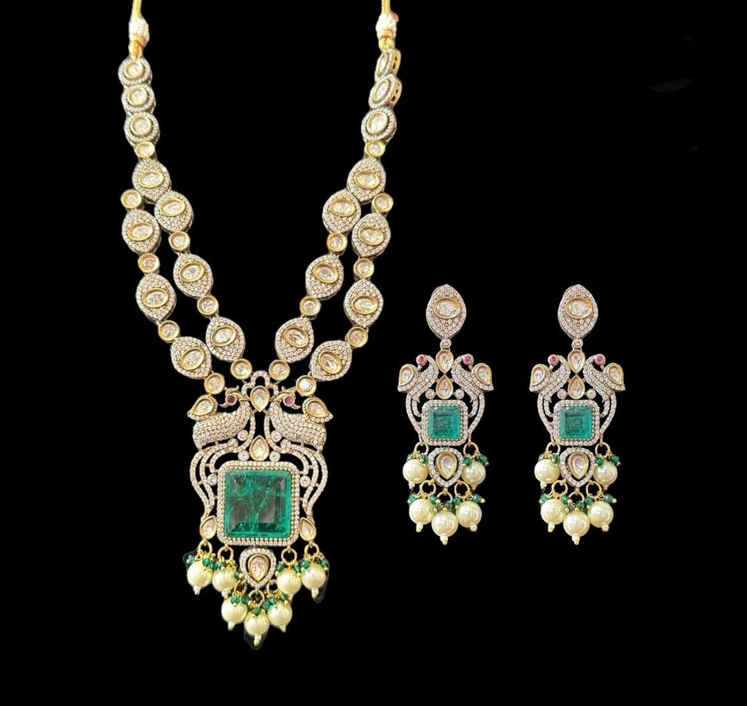 Emerald Green Doublet Victorian Finish Moissanite Necklace Set,ad Long ...
