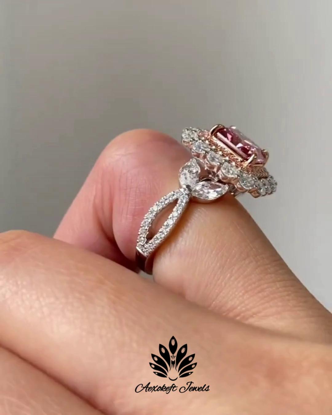 Barbie Pink CZ Lab Diamond Ring | Double Halo Radiant Cut Engagement ...