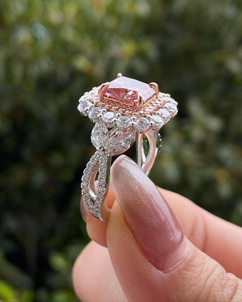 Barbie Pink CZ Lab Diamond Ring | Double Halo Radiant Cut Engagement ...