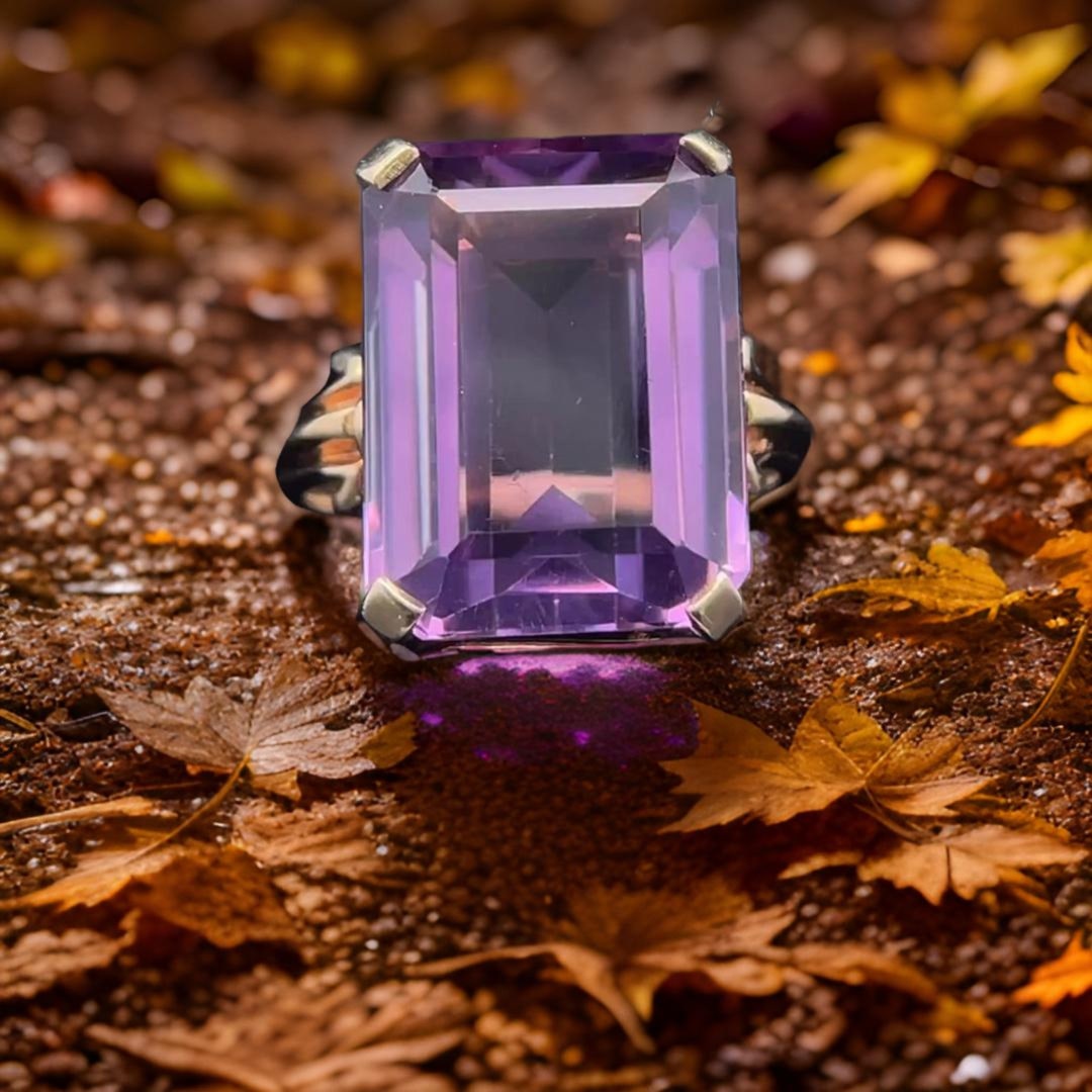 Natural Very Large Purple Emerald Cut Simulated Diamond Ring 14 K Rose ...