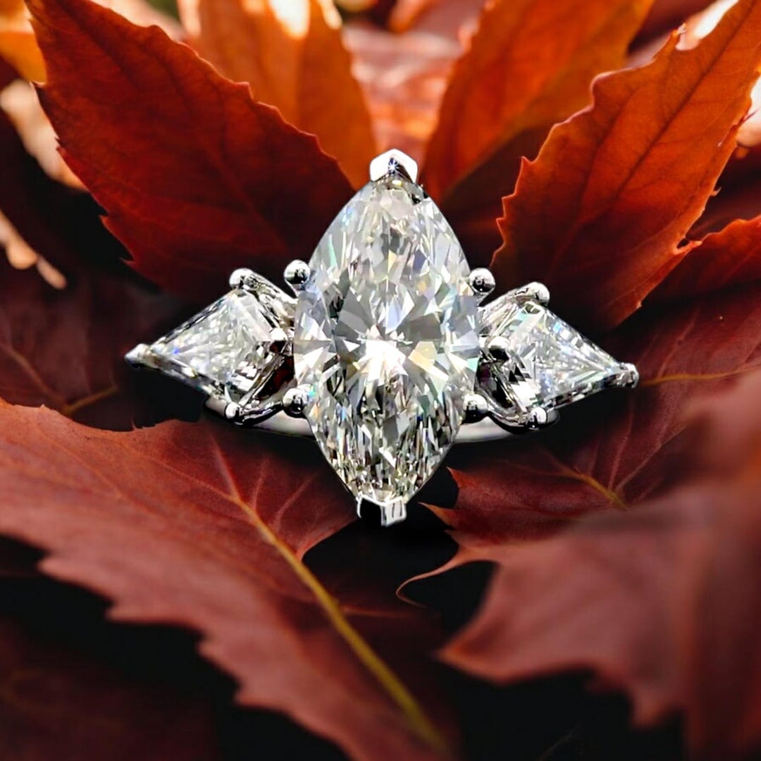 3 CT Marquise Cut Lab Grown Diamond Kite Side Diamonds Three-stone Ring ...