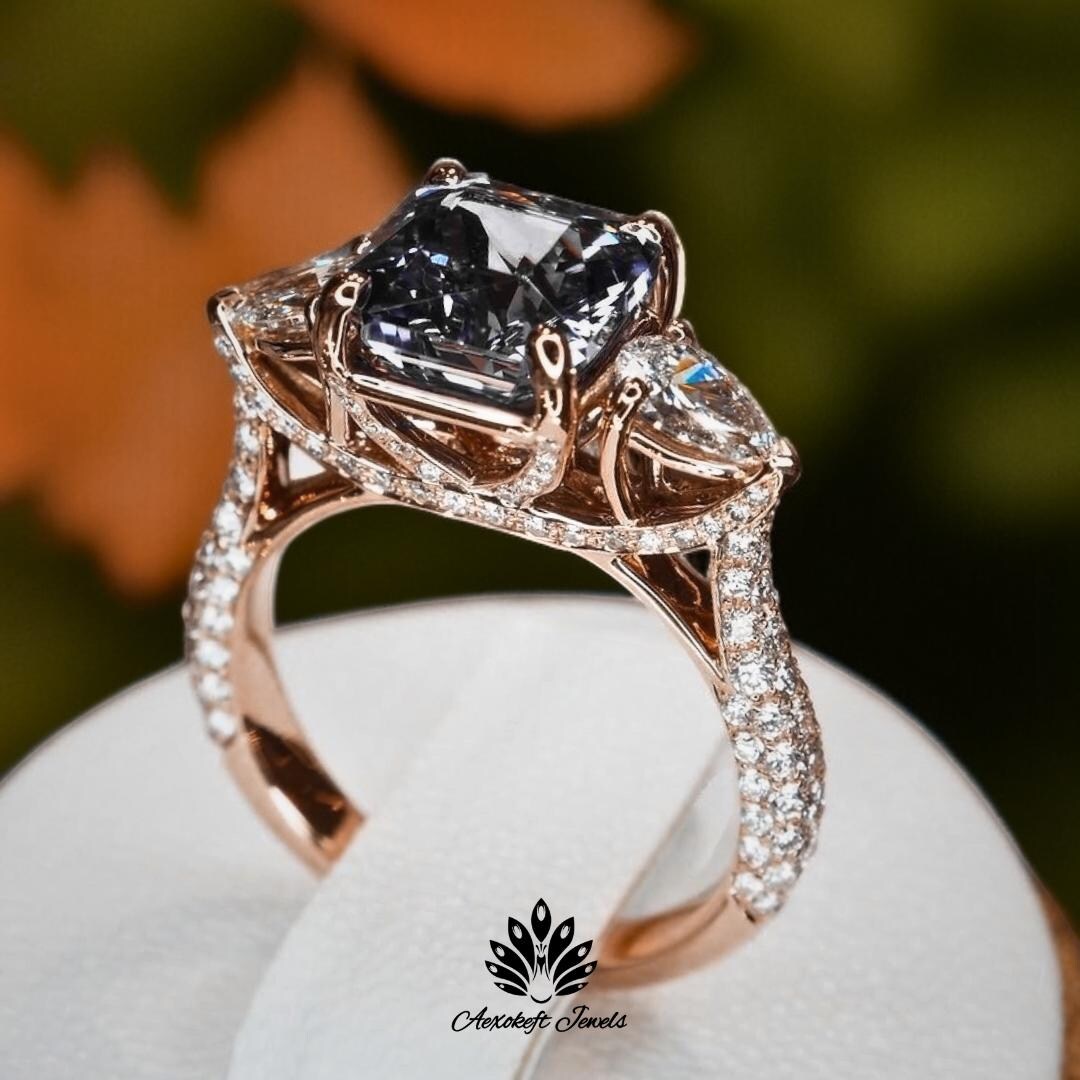 Radiant Cut Grey Moissanite Ring – Three Stone Rose Gold Engagement ...