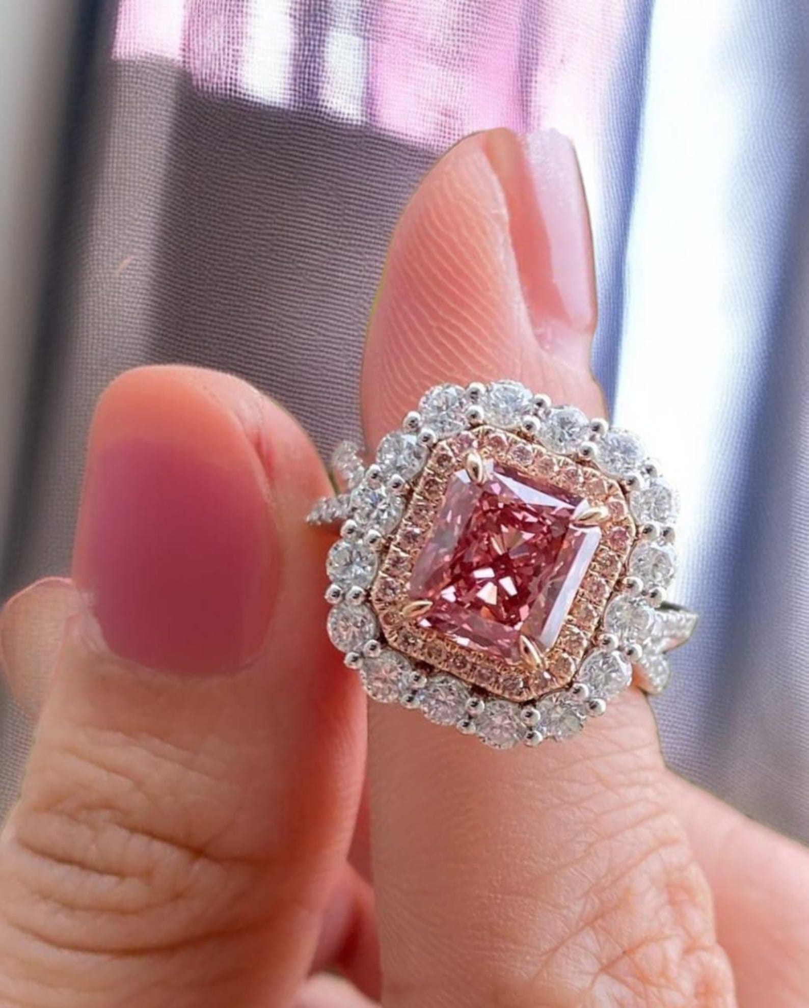 Barbie Pink CZ Lab Diamond Ring | Double Halo Radiant Cut Engagement ...