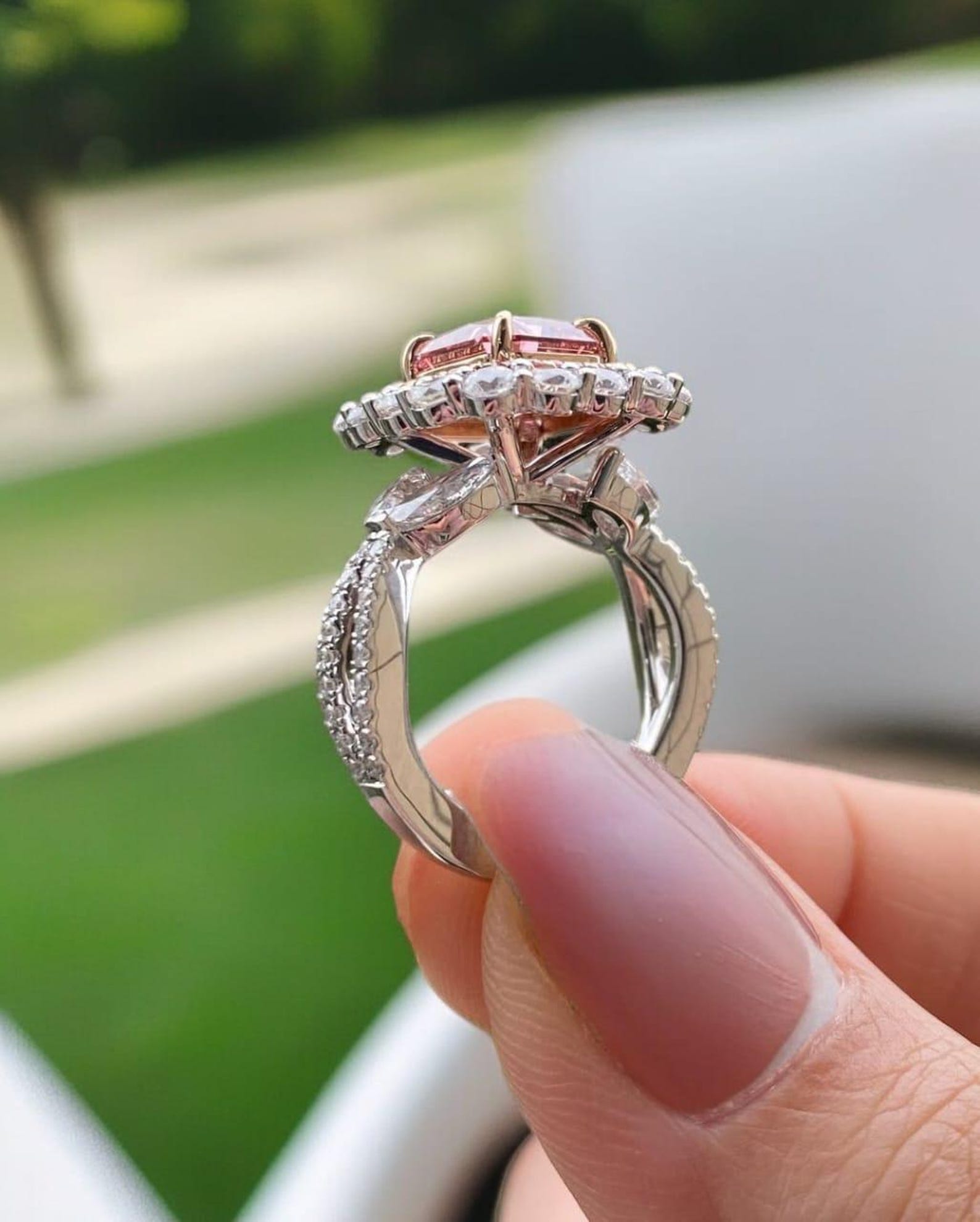 Barbie Pink CZ Lab Diamond Ring | Double Halo Radiant Cut Engagement ...