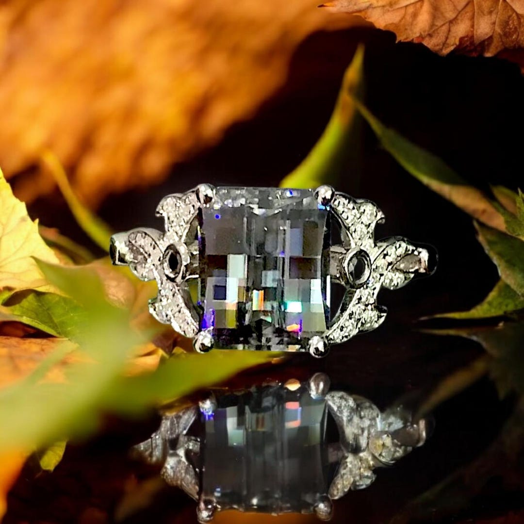 Modern Engagement Ring Unique Pixel Cut Dark Grey Moissanite Solid ...