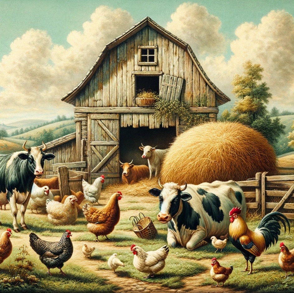 Vintage Farm Scene, Rustic Countryside Artwork, Barnyard Animals ...