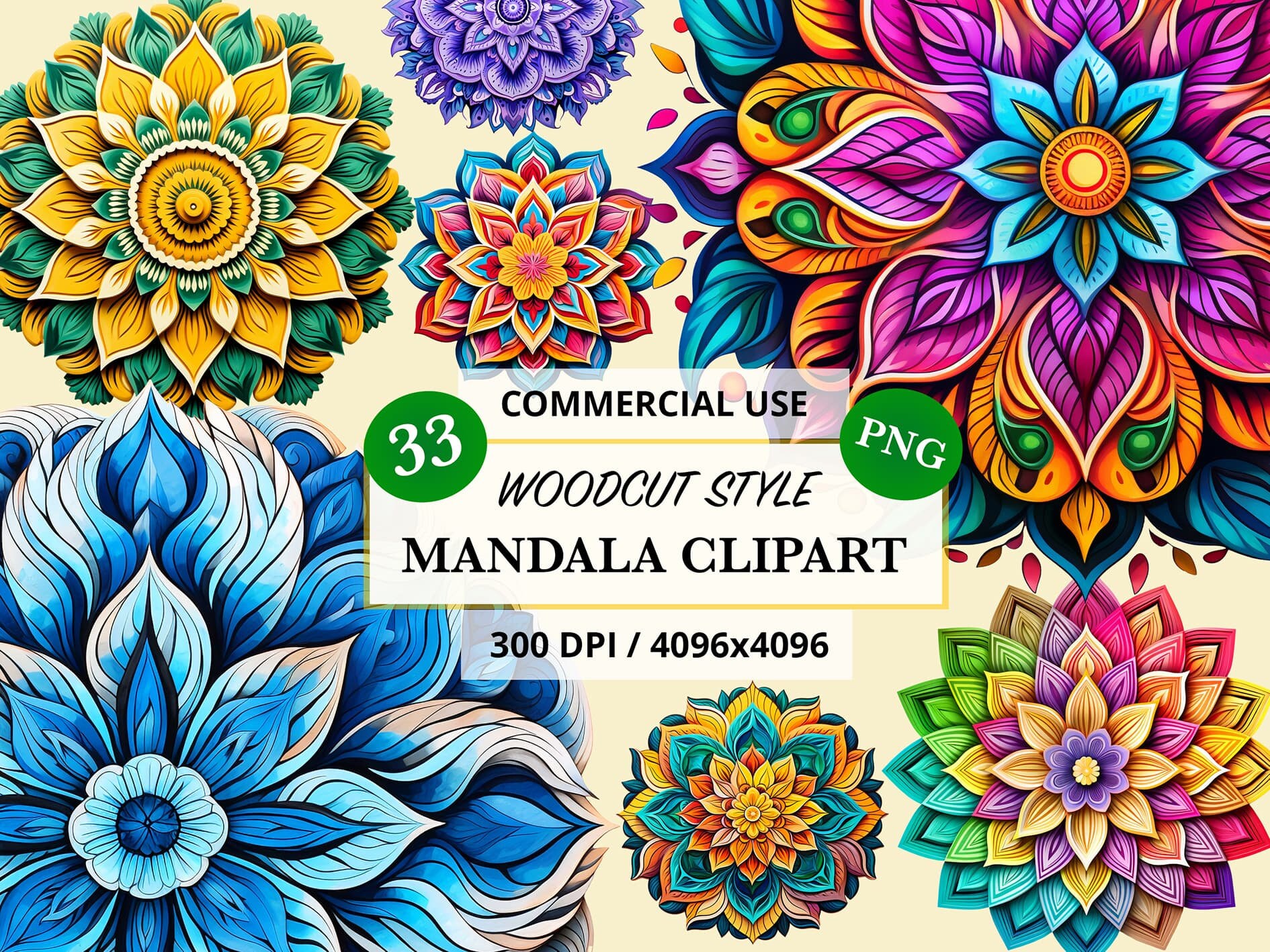 33 Woodcut Mandalas Clipart, Mandala Clipart, Instant Download, Clipart ...
