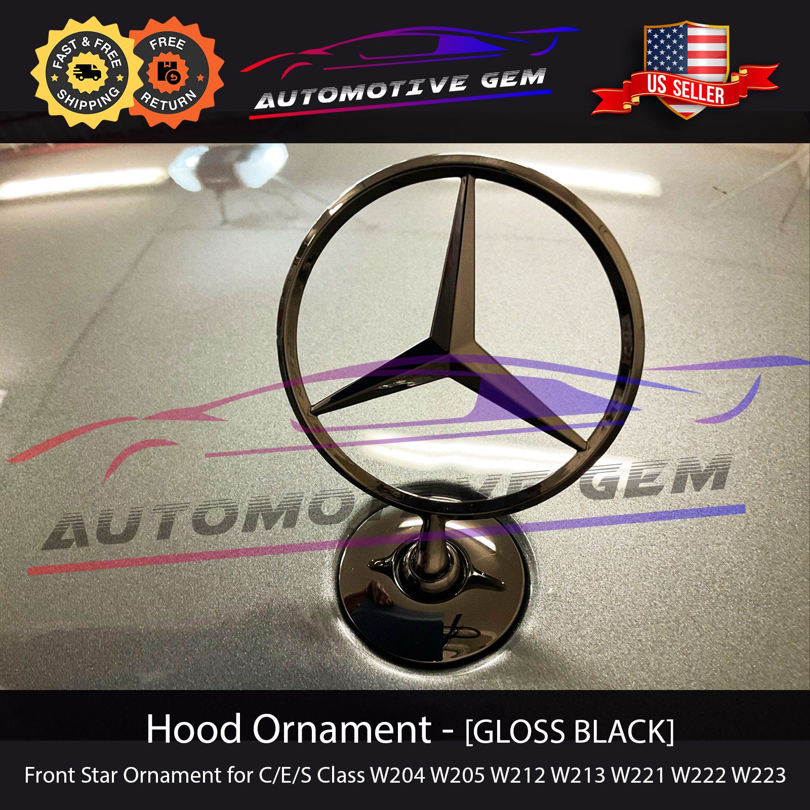 NEW Front Hood Ornament Mounted Star GLOSS Black Standing Logo for ...