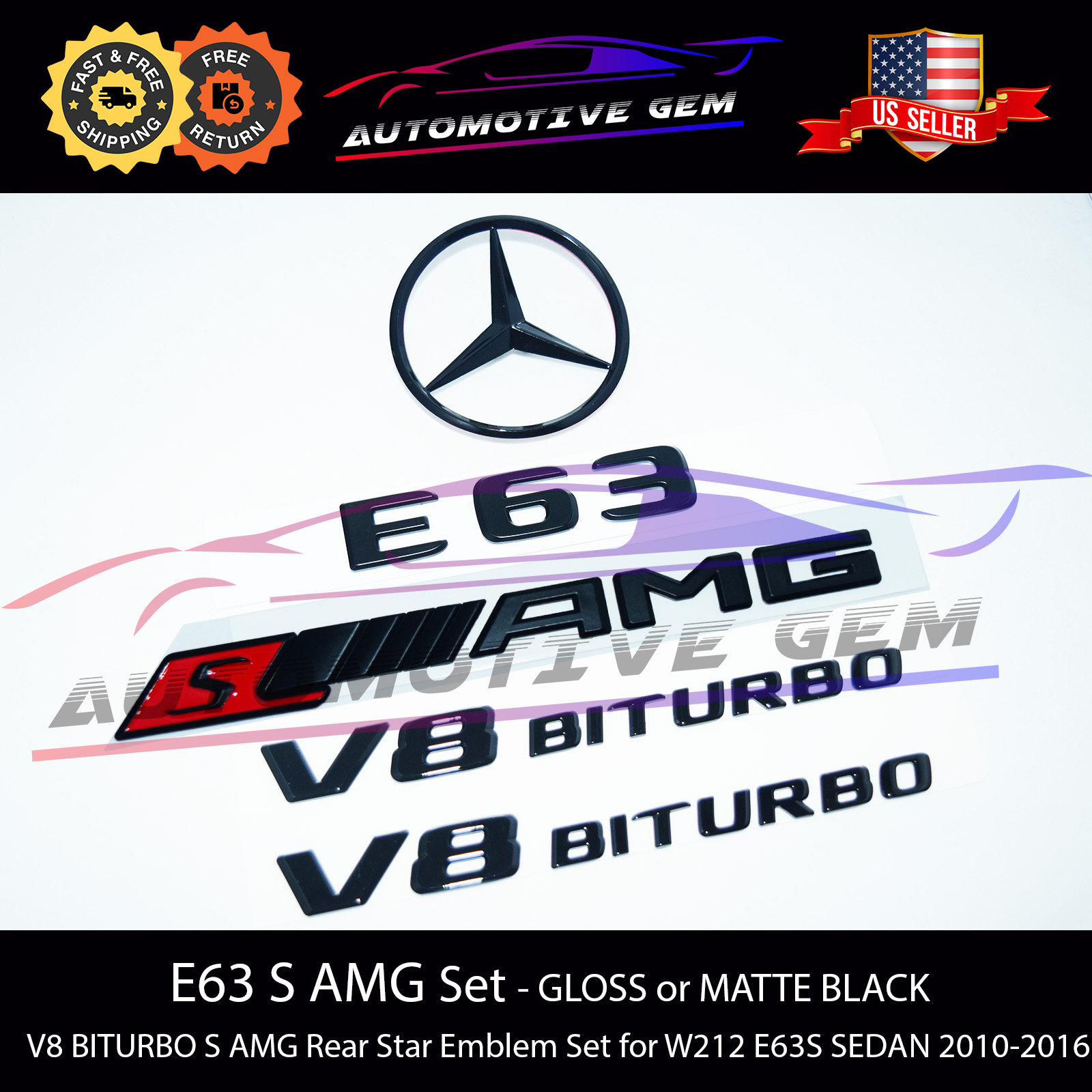 E63S AMG V8 BITURBO Rear Star Emblem Black Badge Combo Set Mercedes ...