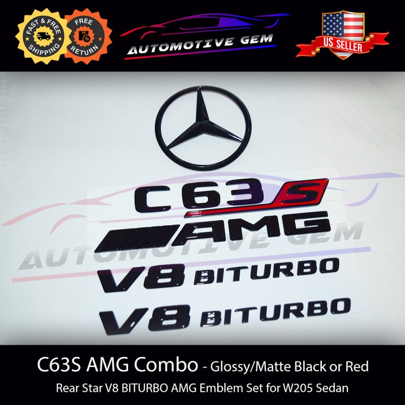 C63S SEDAN AMG V8 BITURBO Trunk Star Emblem Black Badge Logo Combo Set ...