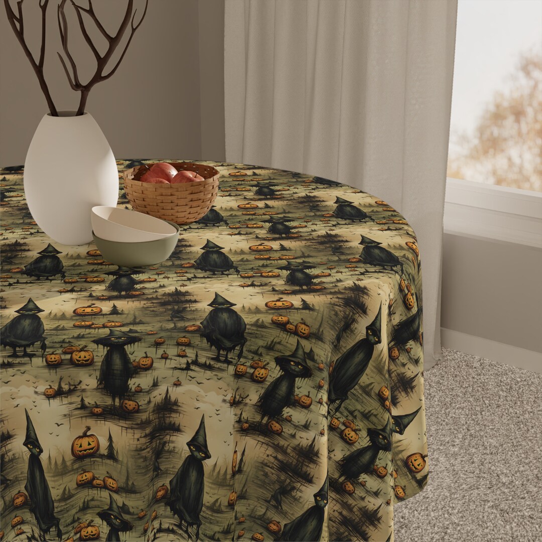 Halloween Tablecloth, Spooky Season Dark Cat, Pumpkin Field, Haunted ...