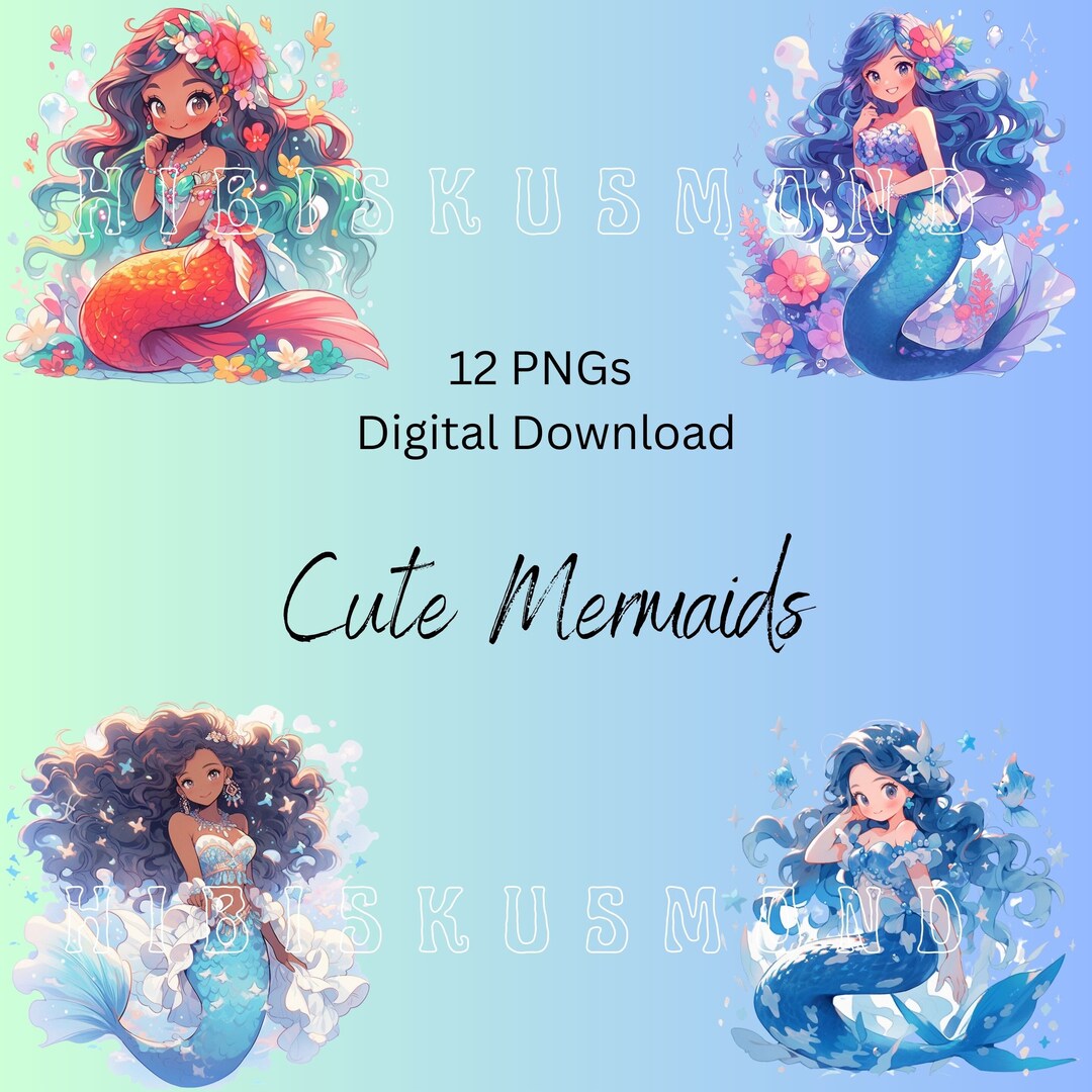 Cute Mermaids, 12 PNG Clipart Bundle, Digital Download, Mermaid PNG ...