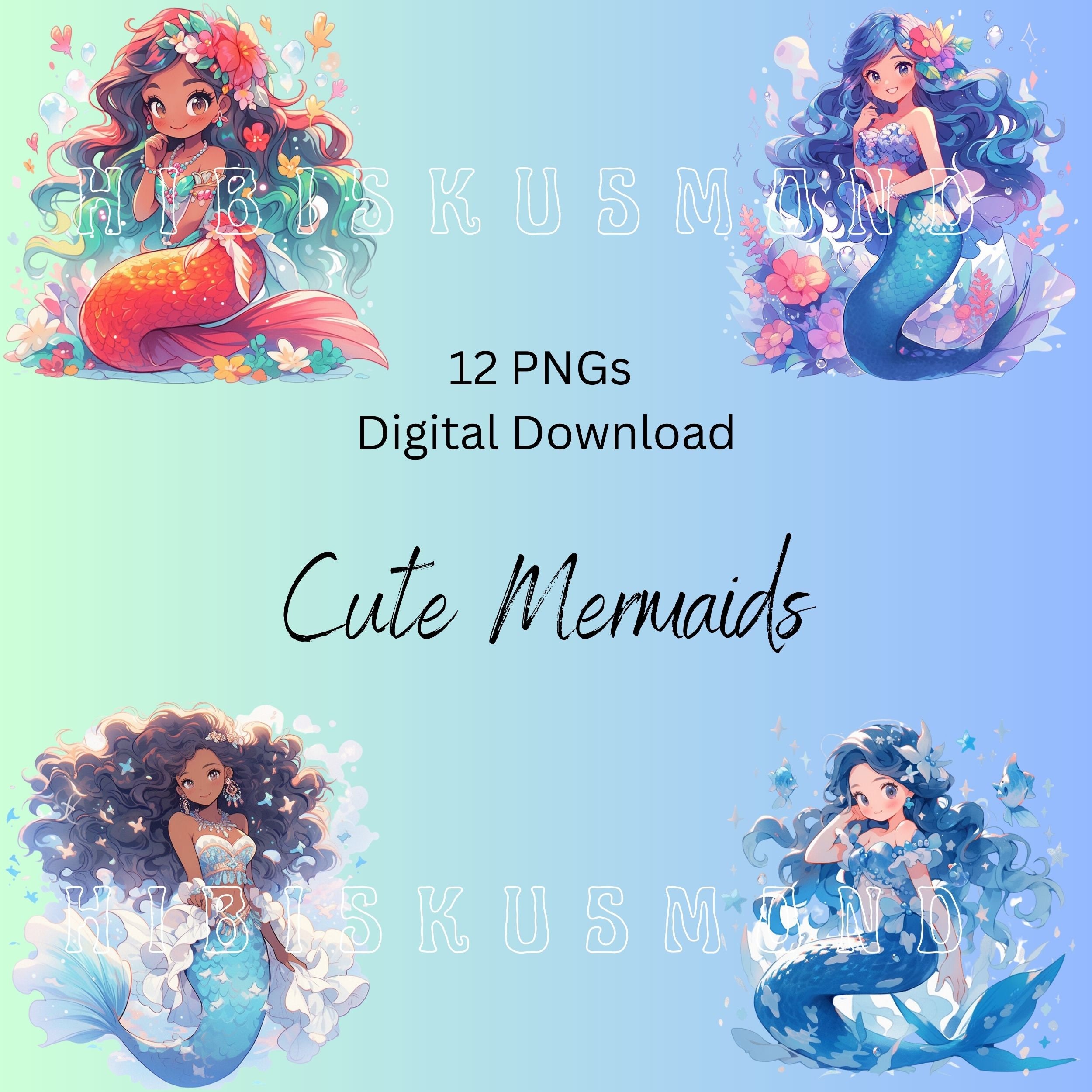 Cute Mermaids, 12 PNG Clipart Bundle, Digital Download, Mermaid PNG ...