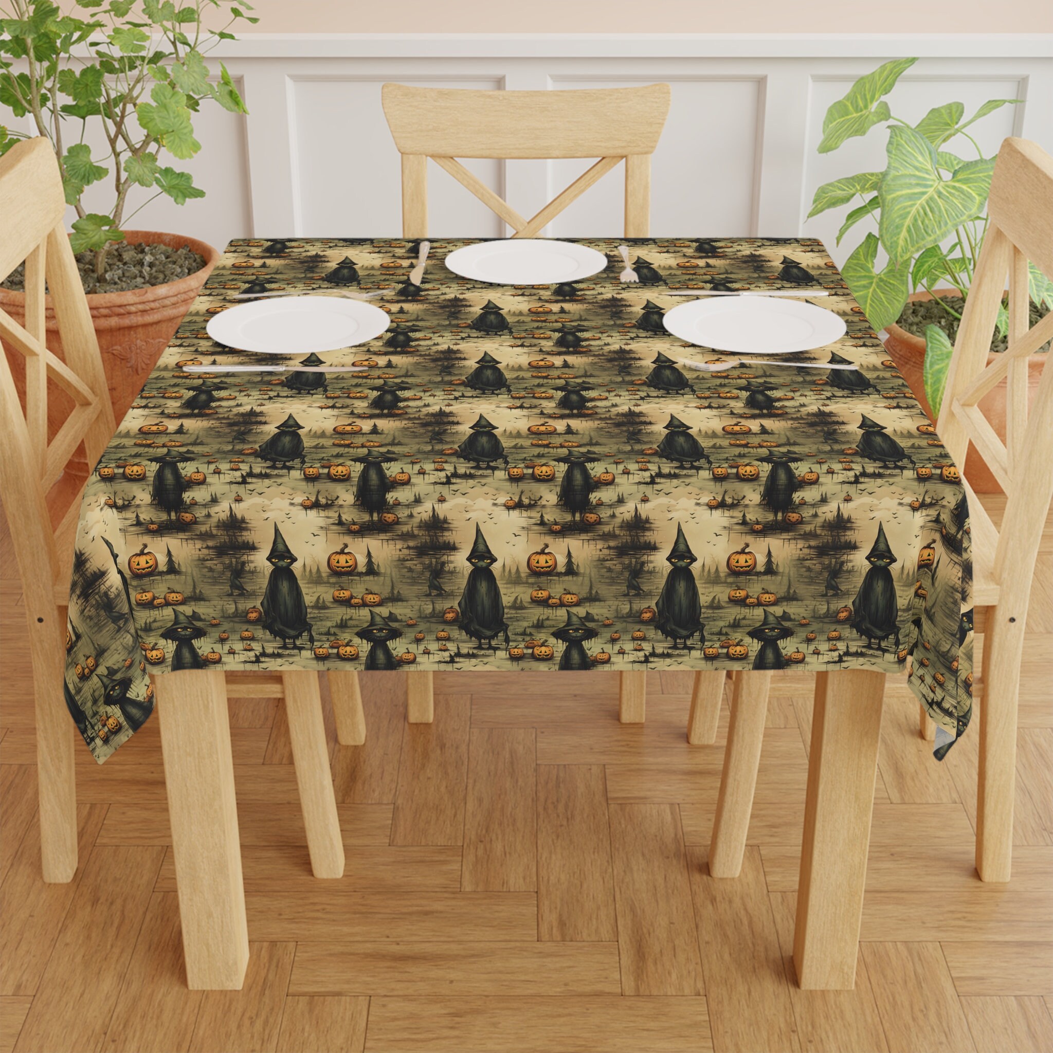 Halloween Tablecloth, Spooky Season Dark Cat, Pumpkin Field, Haunted ...