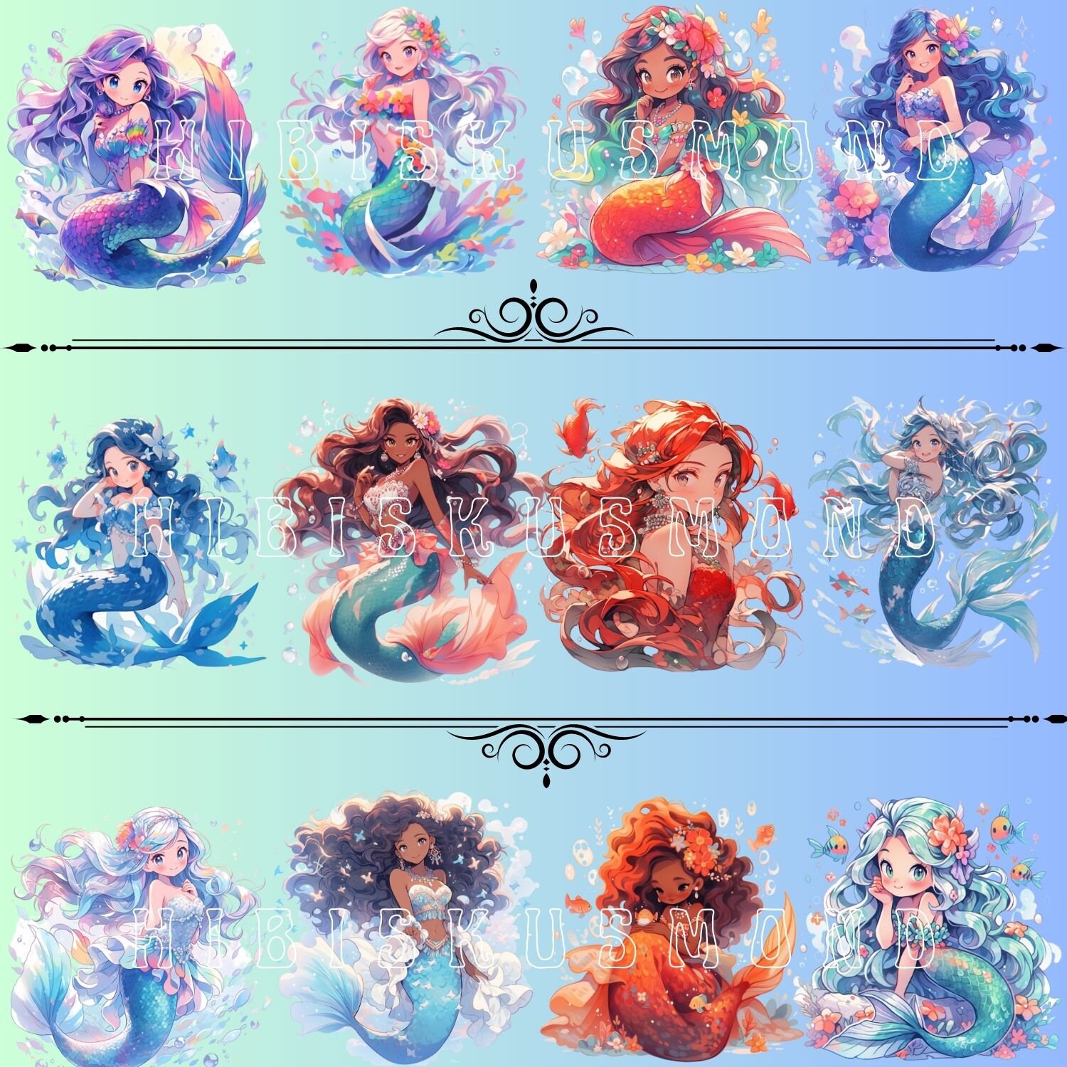 Cute Mermaids, 12 PNG Clipart Bundle, Digital Download, Mermaid PNG ...