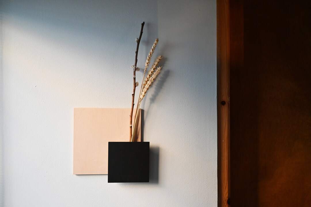 Mid Century Modern Decor Square Black Wood Vase Hanging Flower Pocket ...