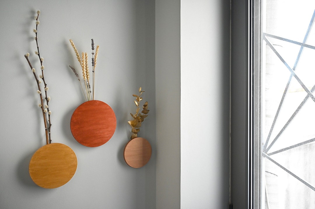 Wooden Mid-century Modern Decor, Circle Hanging Vase Dry Flower Pocket ...