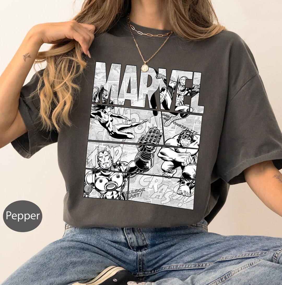Marvel Avengers Retro Black and White Comic Graphic T-shirt, Marvel ...