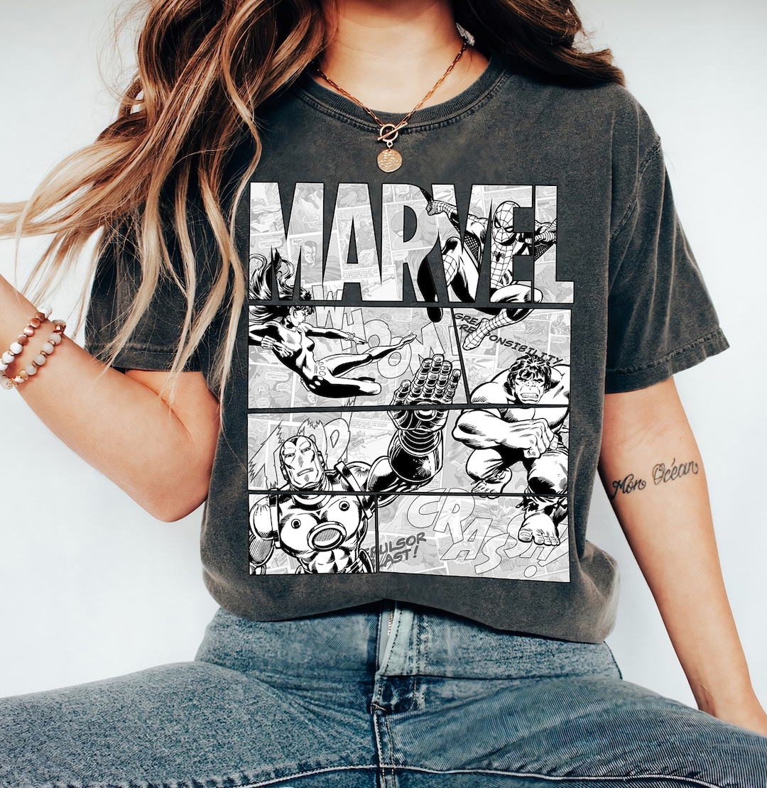 Marvel Avengers Retro Black and White Comic Graphic T-shirt, Marvel ...