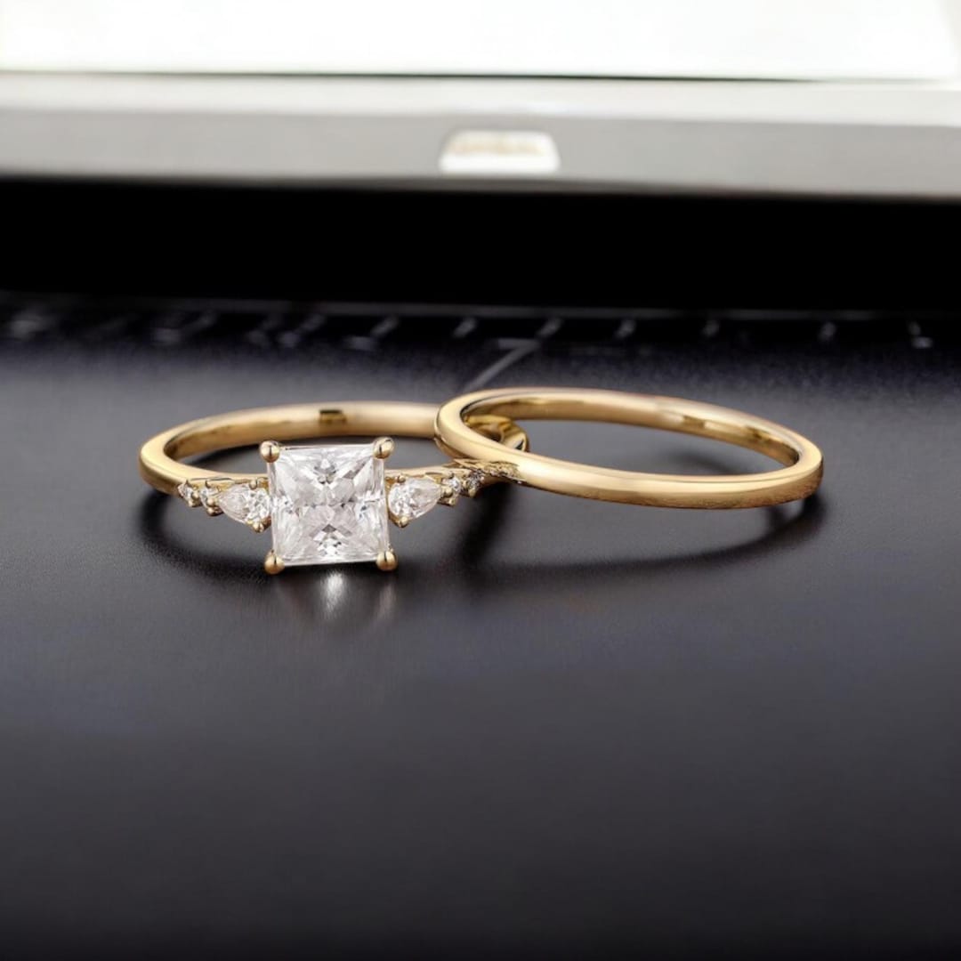 Princess Cut Moissanite Engagement Ring Set Women, 1CT Moissanite ...