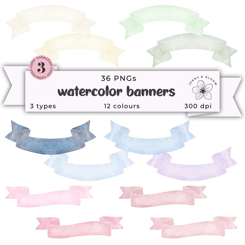 Watercolor Banner Clipart: Pastel Ribbon PNG Set (digital Download) - Etsy