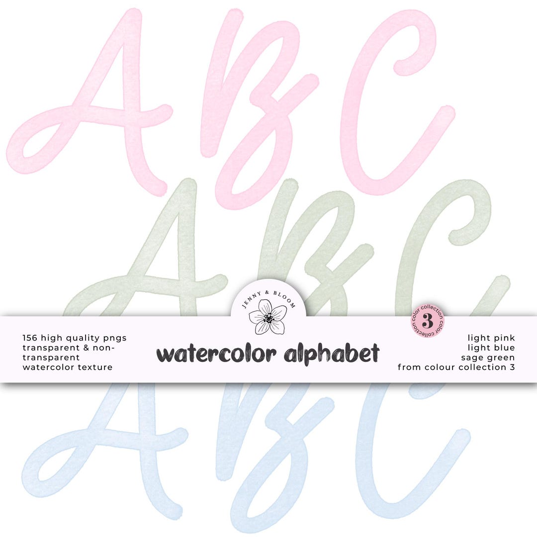 Watercolor Alphabet Clipart: Pink, Blue, Green Letters (digital ...