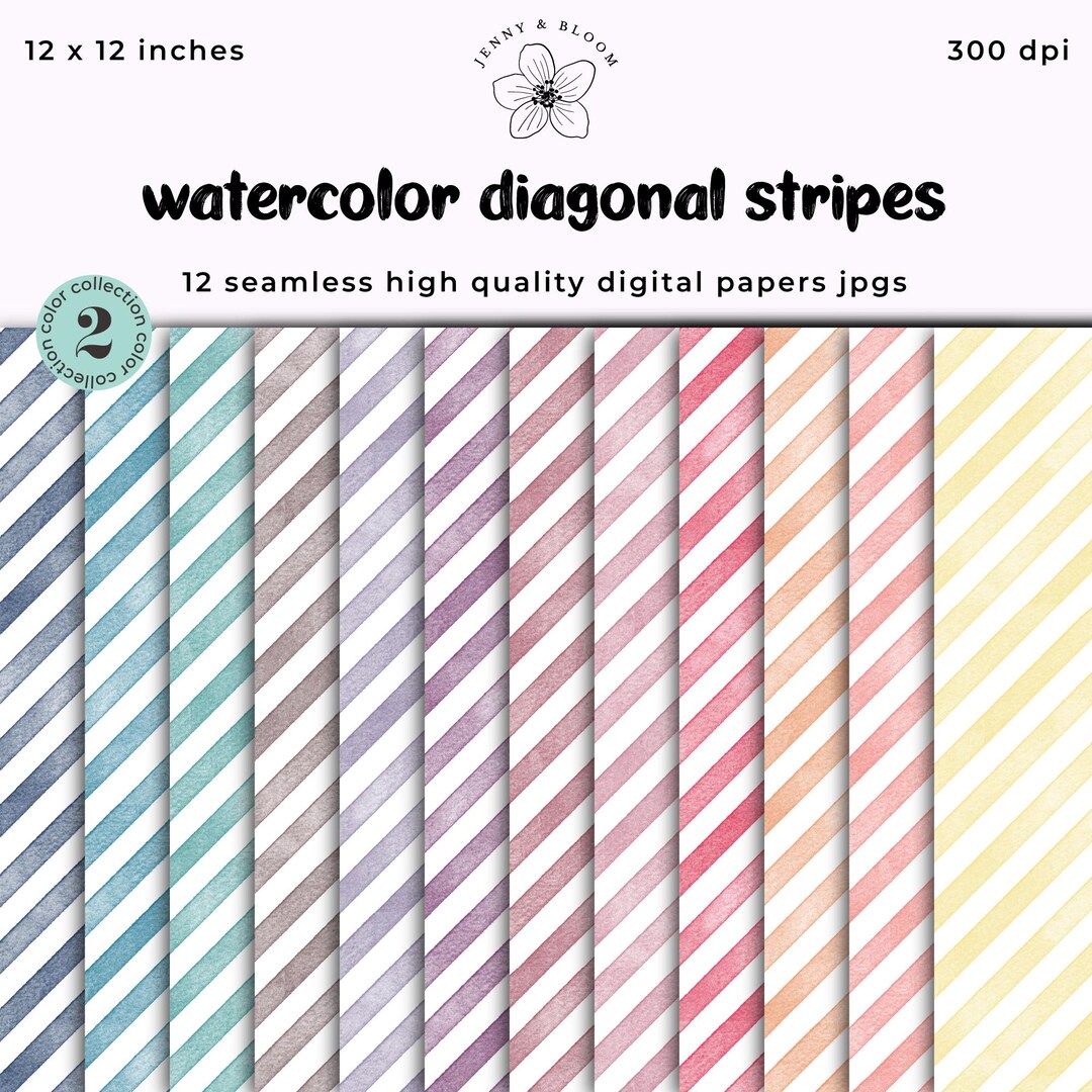 Diagonal Stripes Digital Paper Watercolor Striped Digital Paper ...