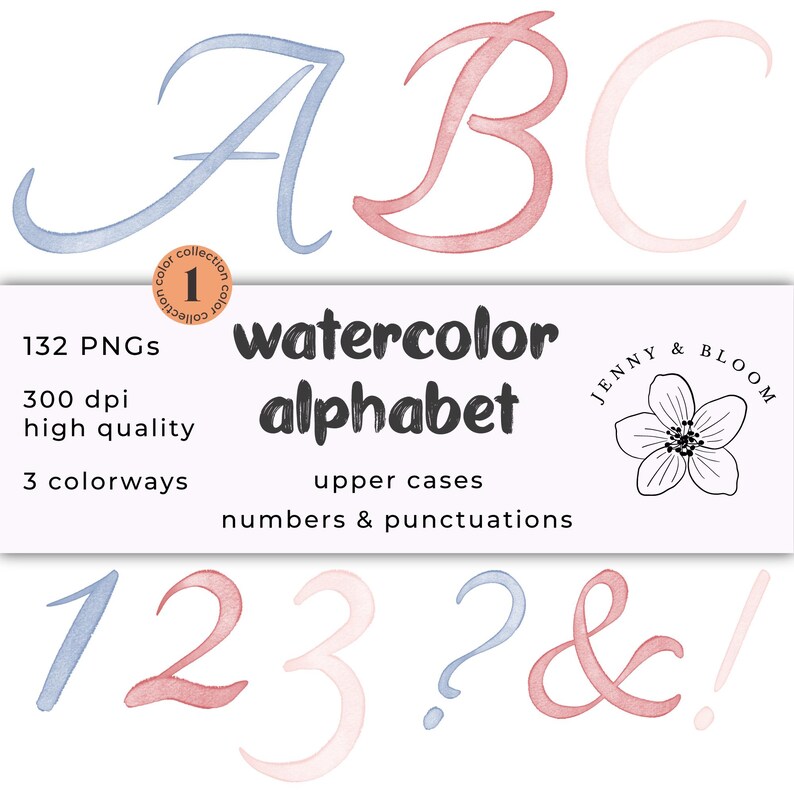 Watercolor Alphabet PNG: Boho Letters, Numbers, Punctuation (digital ...