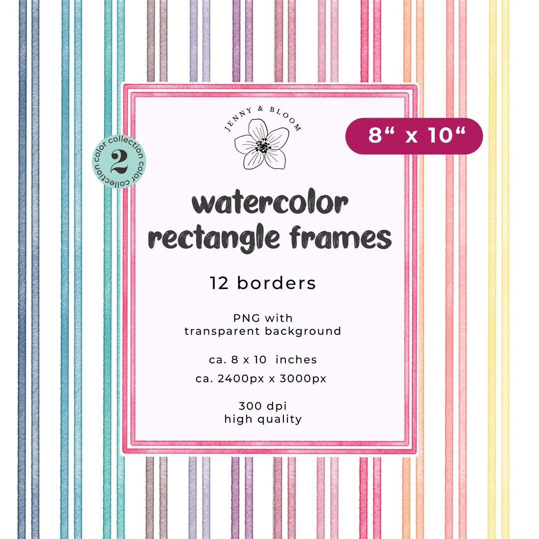 Watercolor Rectangle Frame Clipart: Rainbow Stripe Borders (PNG Digital ...