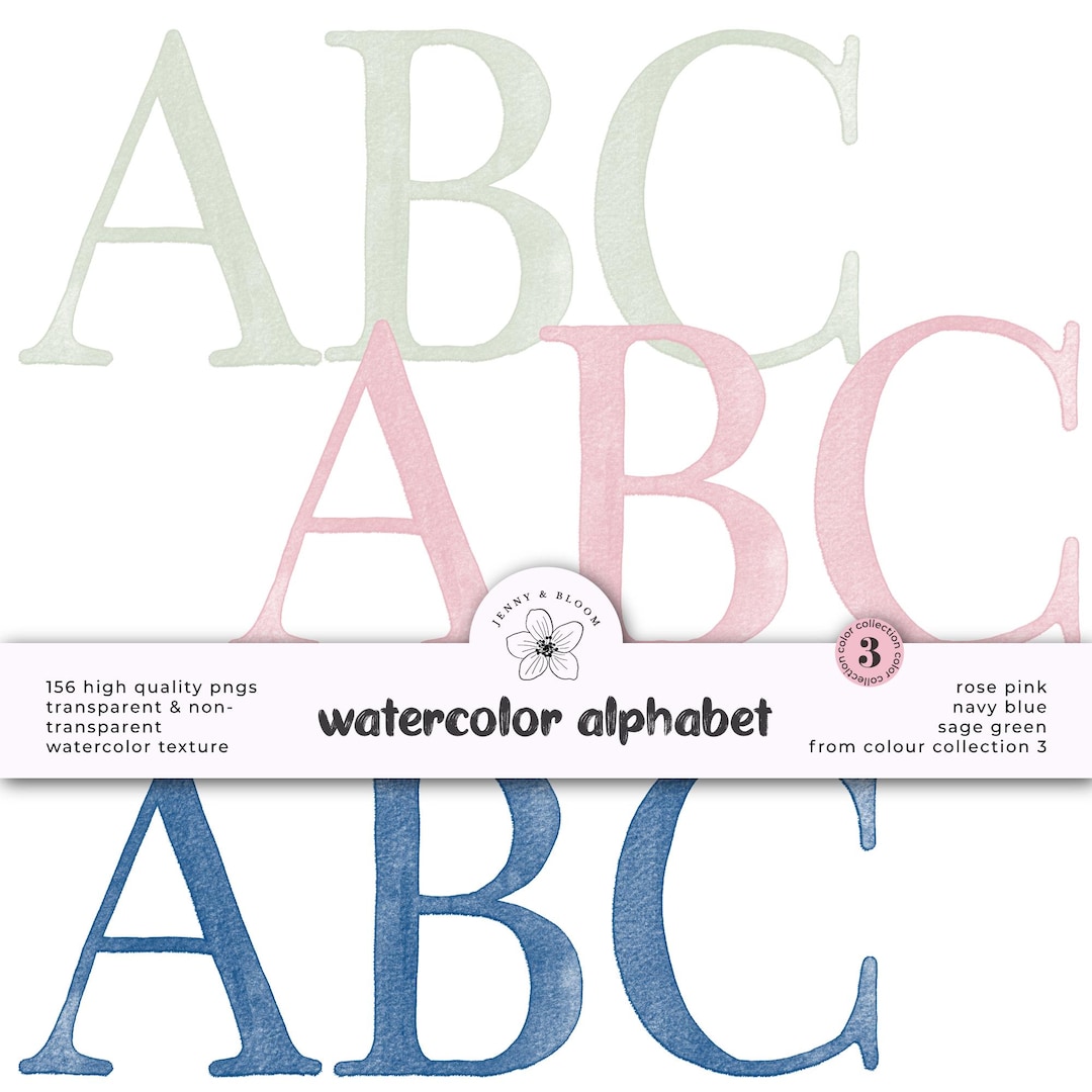 Watercolor Alphabet Clipart: PNG Letters, Rose Pink, Navy, Sage ...