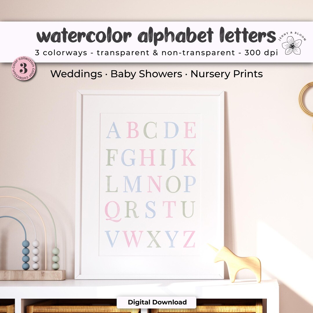 Watercolor Alphabet Letters PNG | Pastel Font Clipart for Nursery Wall ...