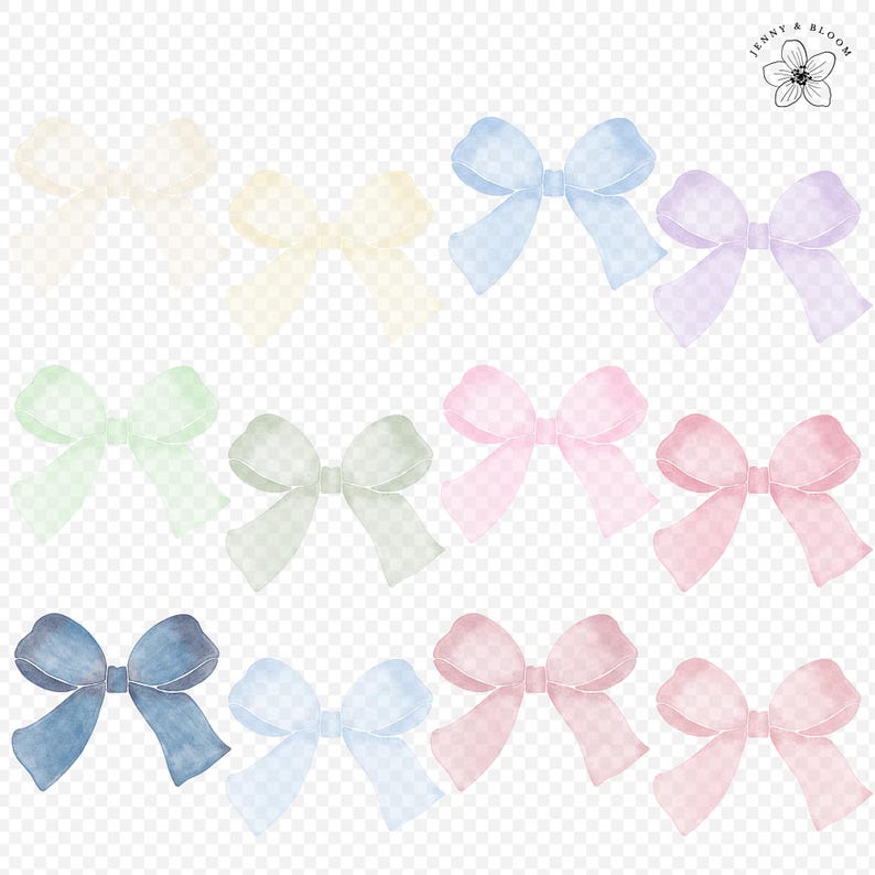 Watercolor Bow Clipart: Pastel Bows, Baby Shower PNG Bundle (digital ...