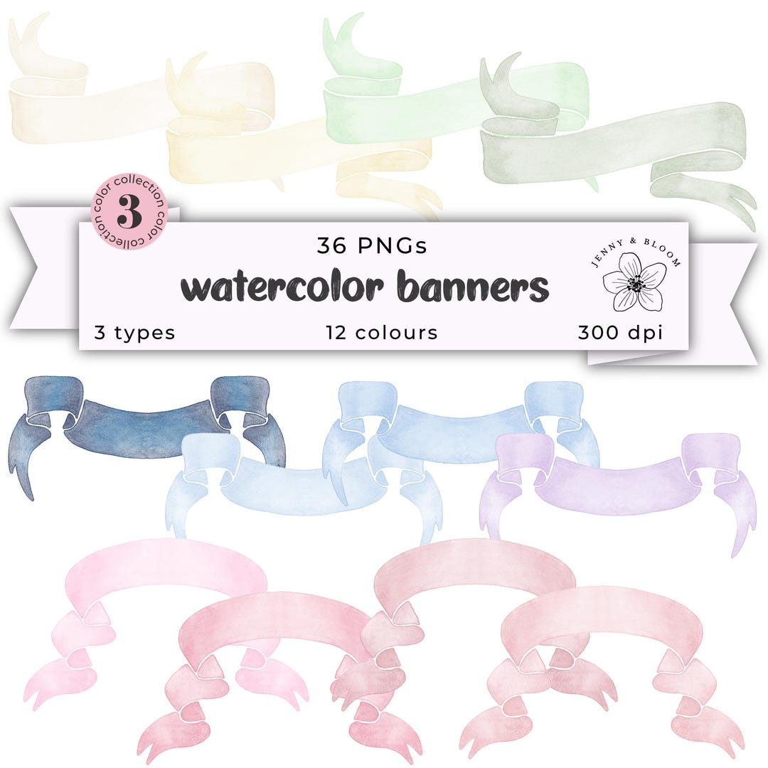 Watercolor Banner Clipart PNG Set | Pastel Ribbon Digital Design | DIY ...