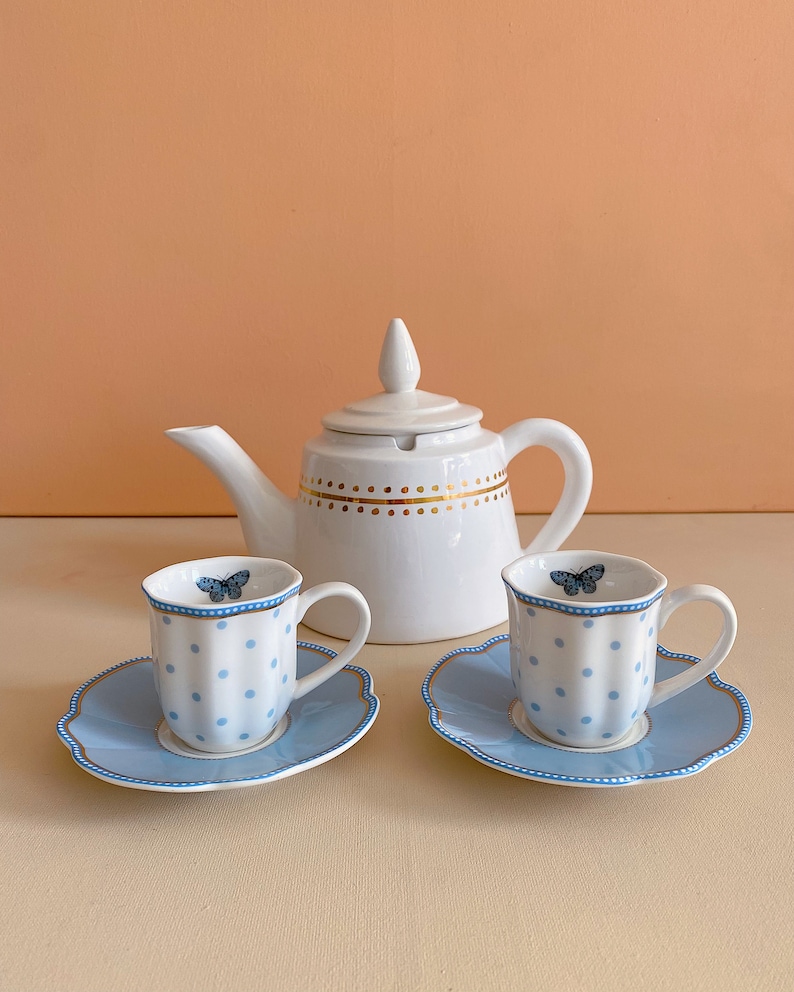 Vintage Blue Polka Dot Butterfly Espresso Cup Saucer Set of 2, Made in ...