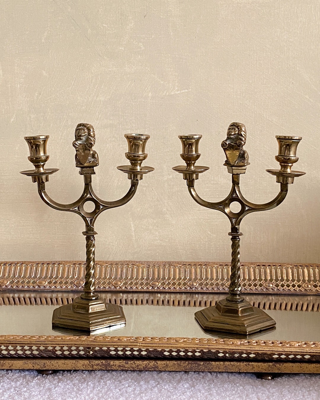 Antique 19th-century Neo-gothic Bronze Two-arm Lion Candle Holder Set ...