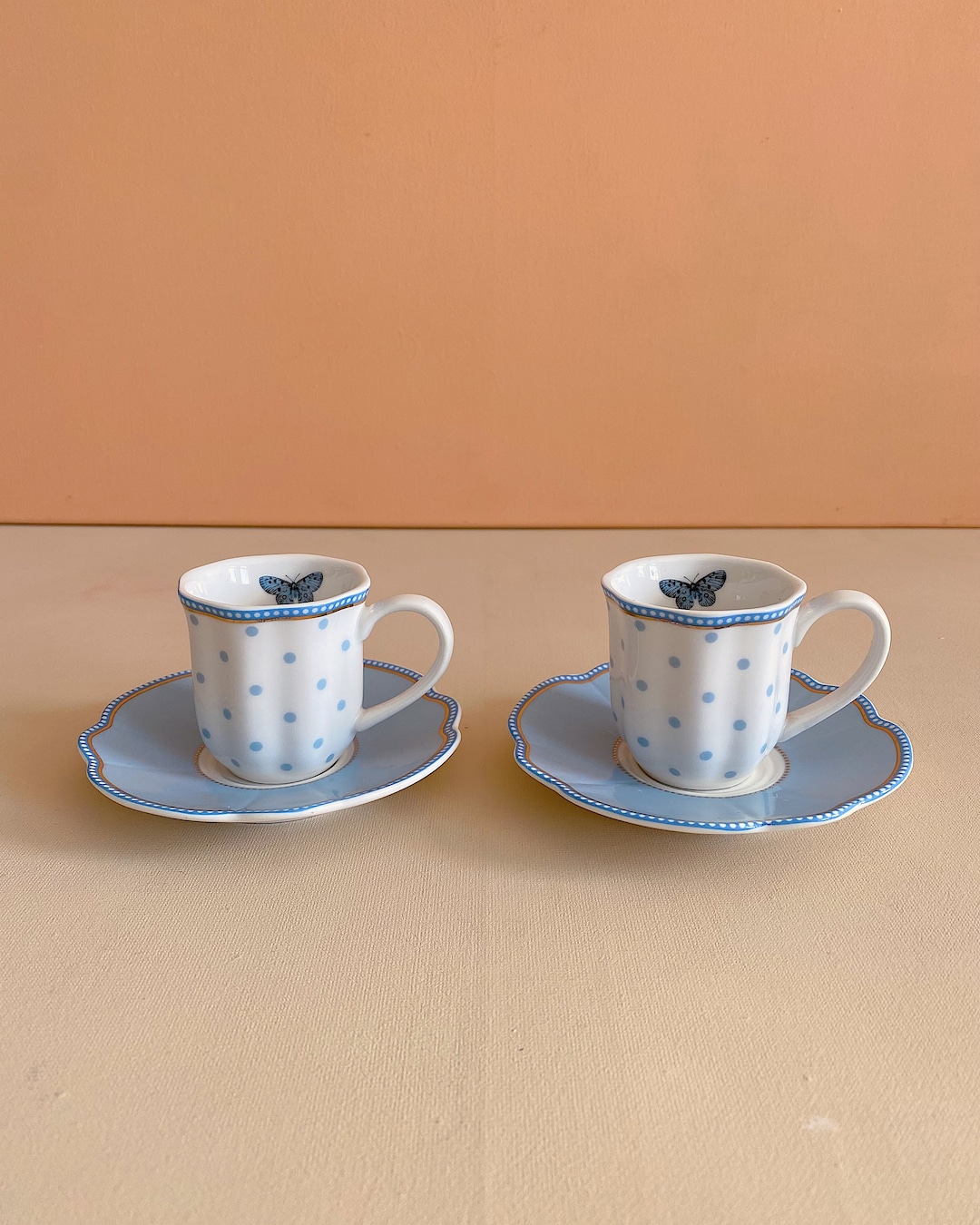 Vintage Blue Polka Dot Butterfly Espresso Cup Saucer Set of 2, Made in ...