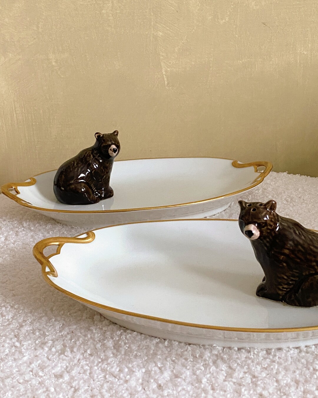 Vintage Goa France Bear Porcelain Gilded Salt Cellar Set, Animal Salt ...